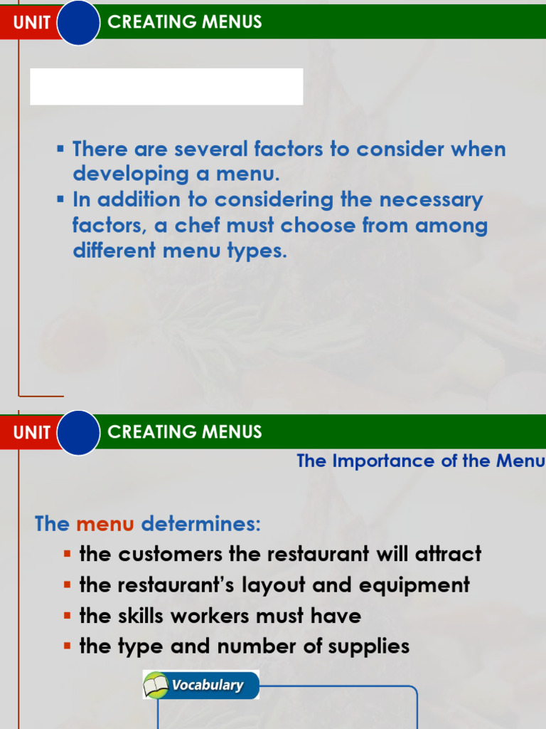 Unit 1 - Creating Menus | PDF | Menu | Meal