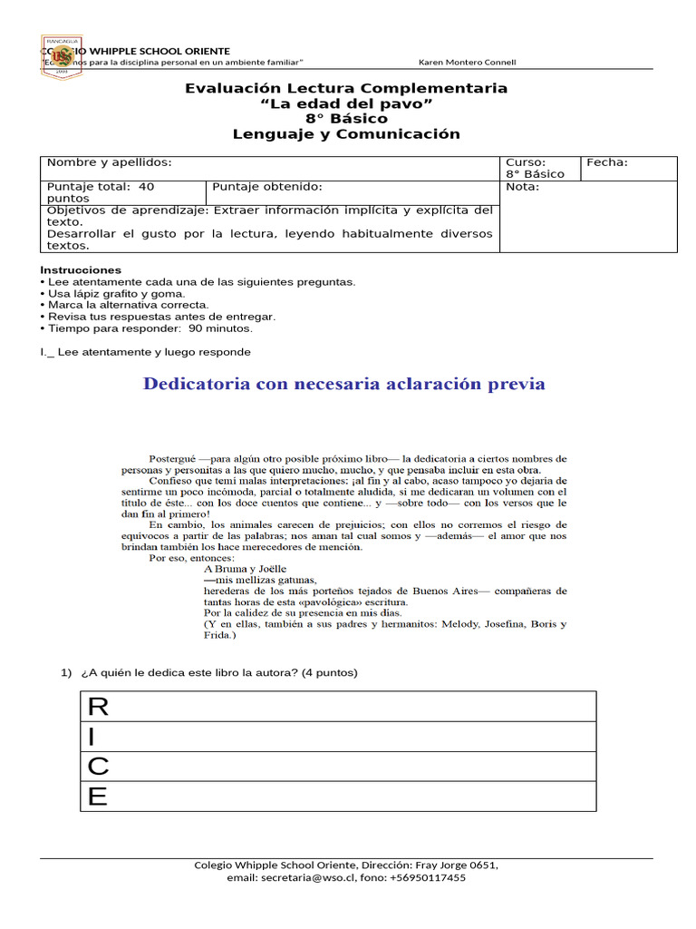 Evaluación Lectura Complementaria 8° | PDF