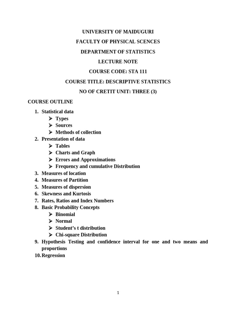 STA 111 LECTURE NOTE-2_042748 | PDF | Statistics | Histogram