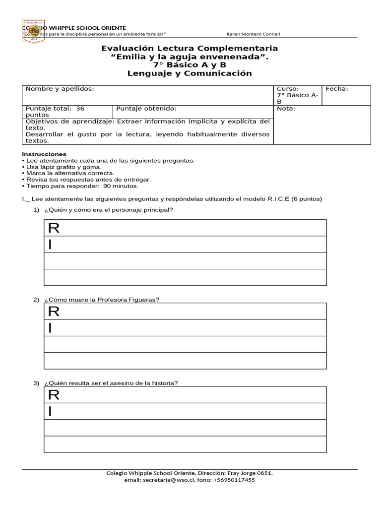 Evaluación Lectura Complementaria 7° | PDF