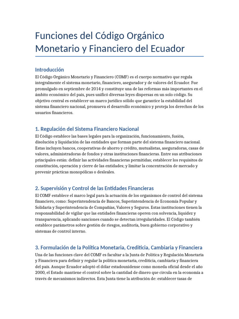 Funciones Codigo Monetario Financiero Ecuador | PDF | Dinero | Sistema financiero