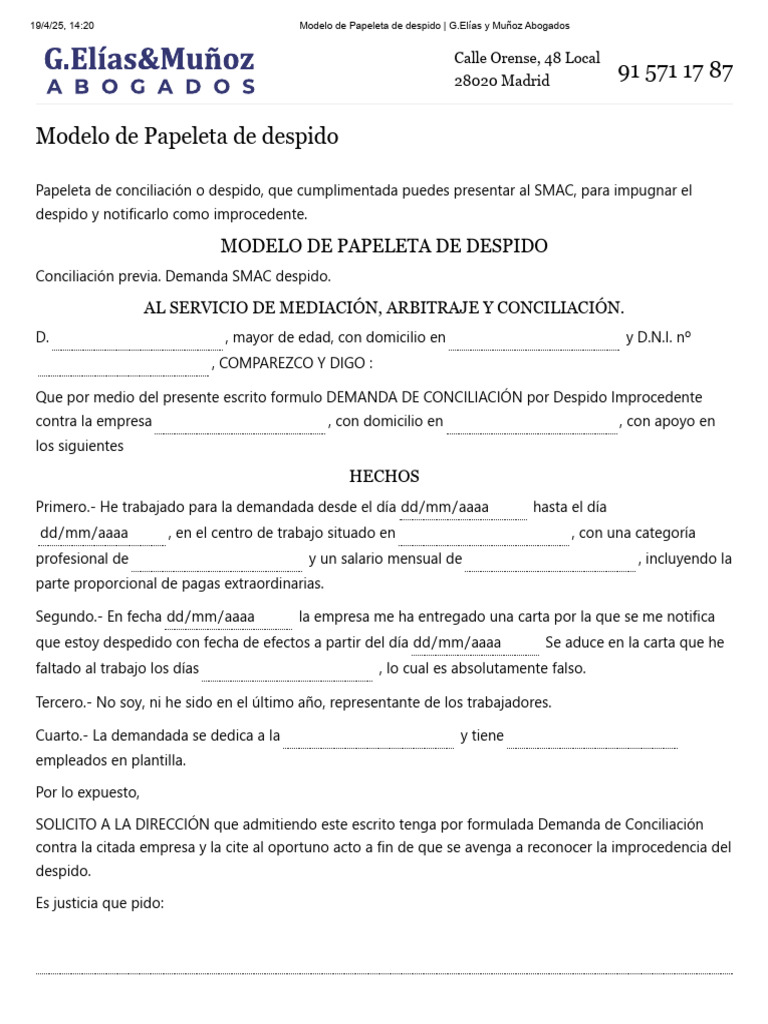 Modelo de Papeleta de Despido - G.Elías y Muñoz Abogados | PDF