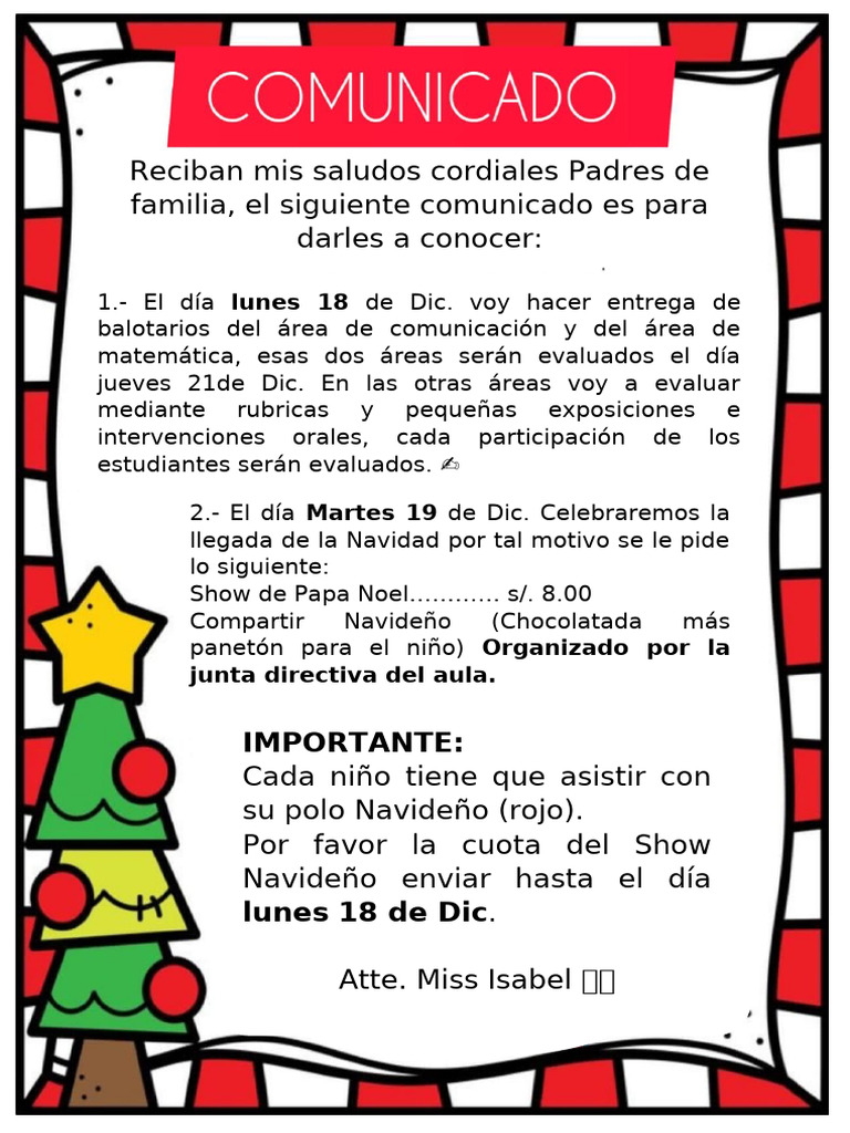 Comunicado: Evaluaciones y Celebración Navideña | PDF
