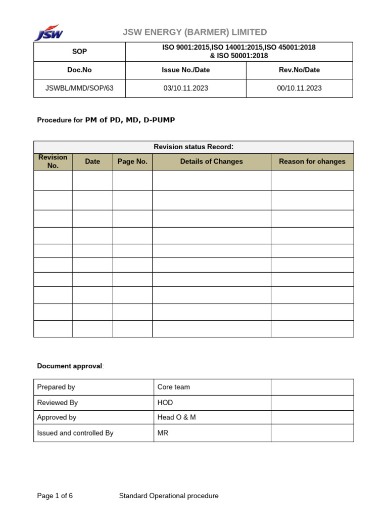 Sop For Preventive Maintenance of D Pump and Esp Vessels | PDF | Pump ...