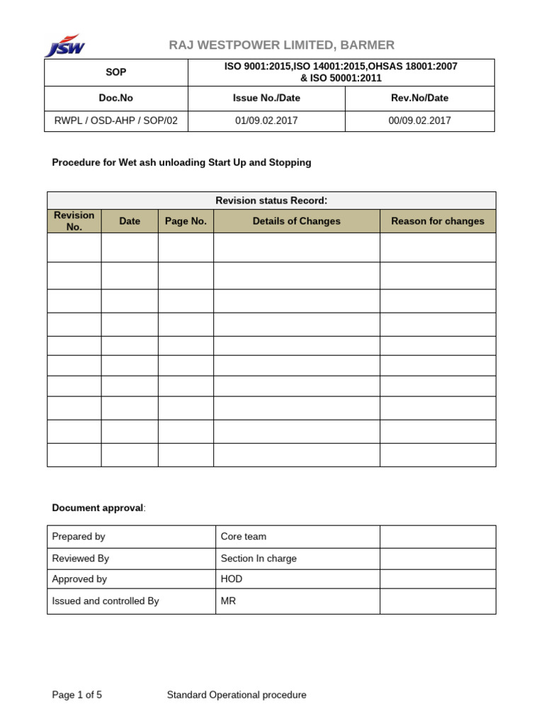 SOP Procedure For Wet Ash Unloading Start Up and Stopping | PDF | Valve ...