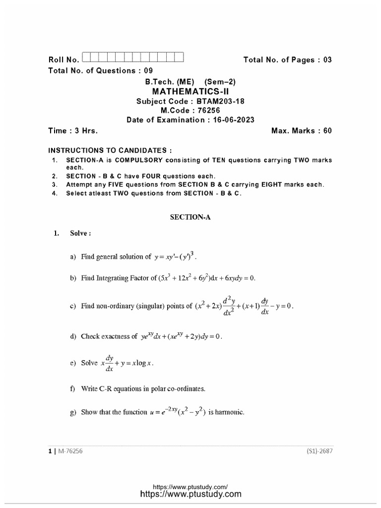 Btech 2 Sem Mathematics 2 76256 Jun 2023 (1) | PDF