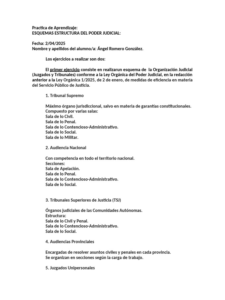 Ejercicio Esquema Estructura Del Poder Judicial-Anterior A La LO 1-2025 ...