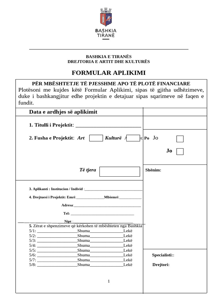 Formular Aplikimi-Bashkia-Tirane-Ok | PDF