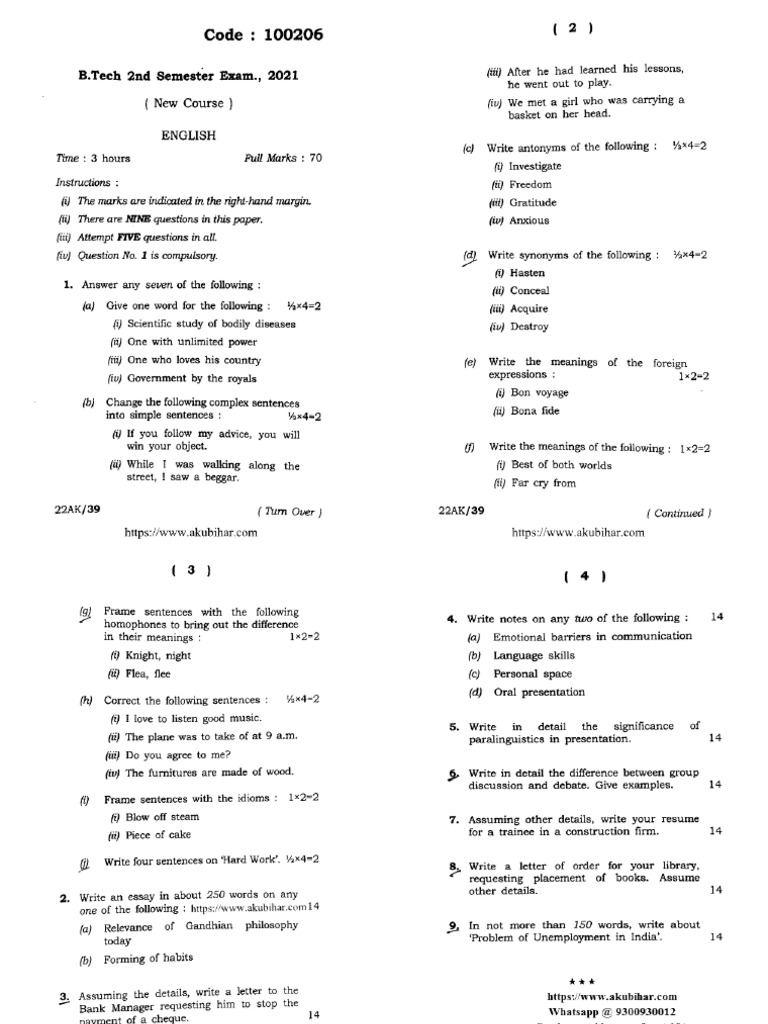 Btech 2 Sem English 100206 2021 | PDF