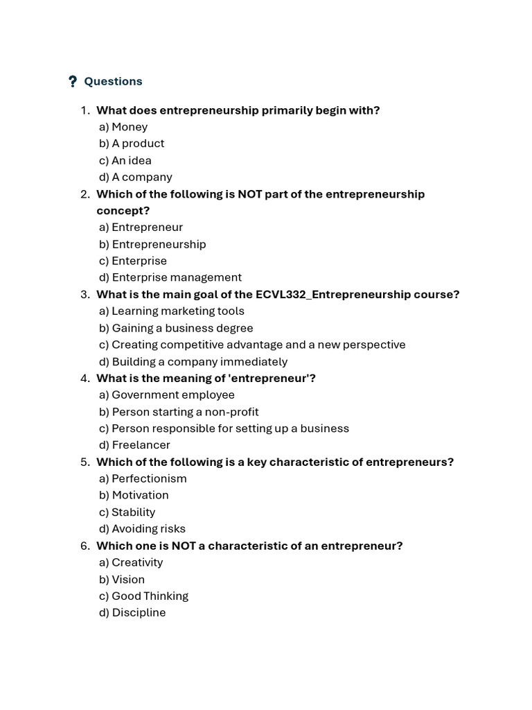 Entrepreneurship Questions (Ai) | PDF | Entrepreneurship | Innovation