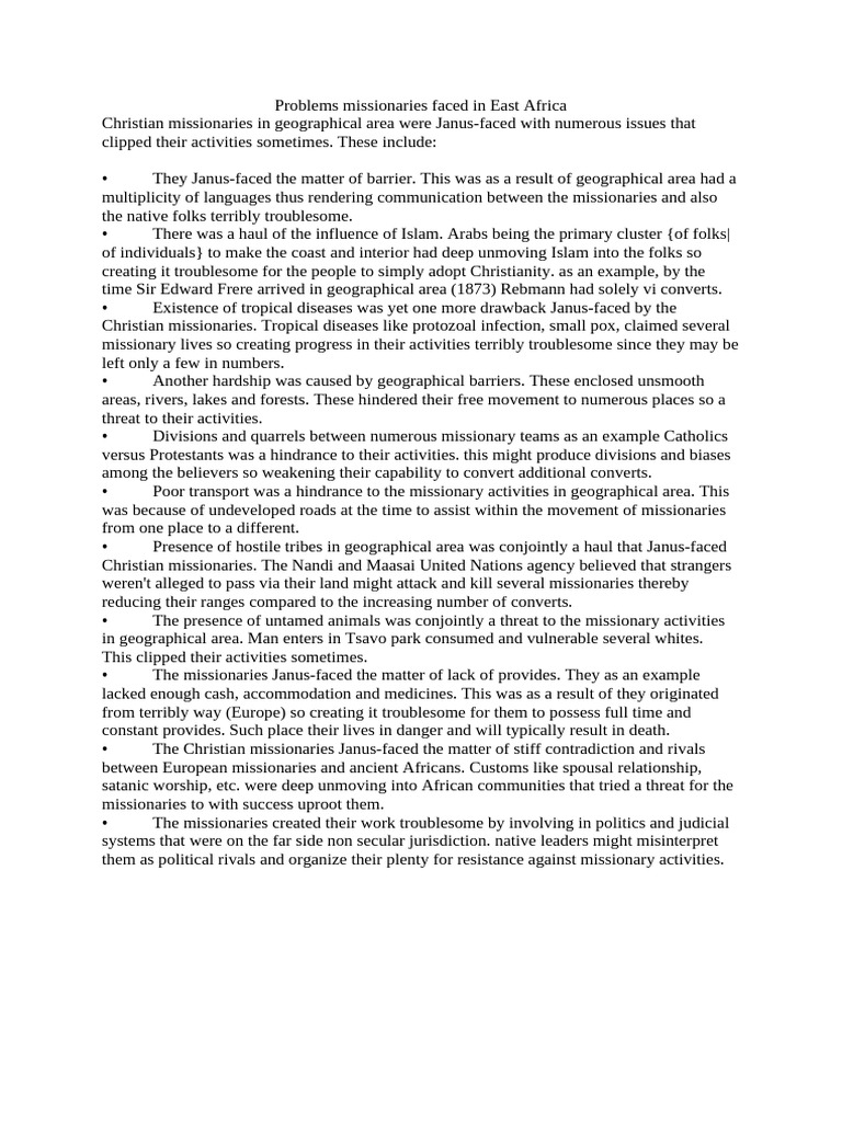Challenges Faced by Missionaries in East Africa | PDF | Missionary ...