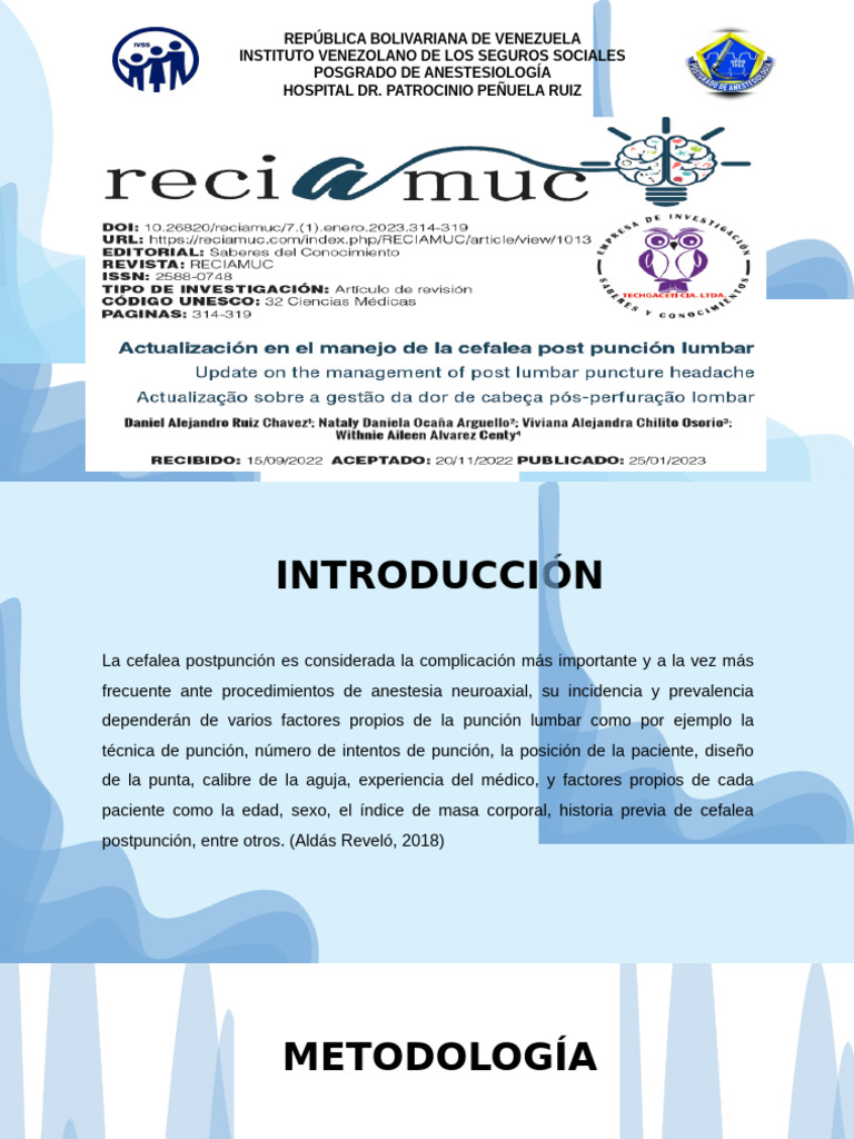 Manejo de Cefalea Postpunción Lumbar | PDF | Dolor de cabeza | Anestesia