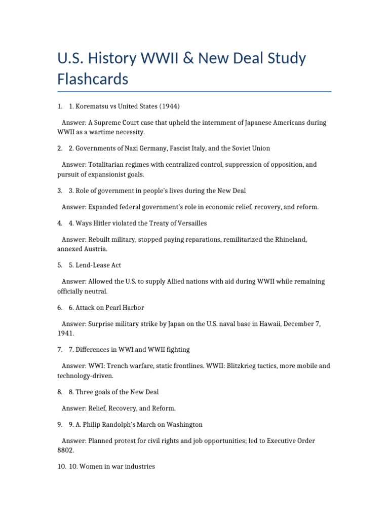 WWII NewDeal Study Guide Flashcards | PDF | World War II | Nazi Germany