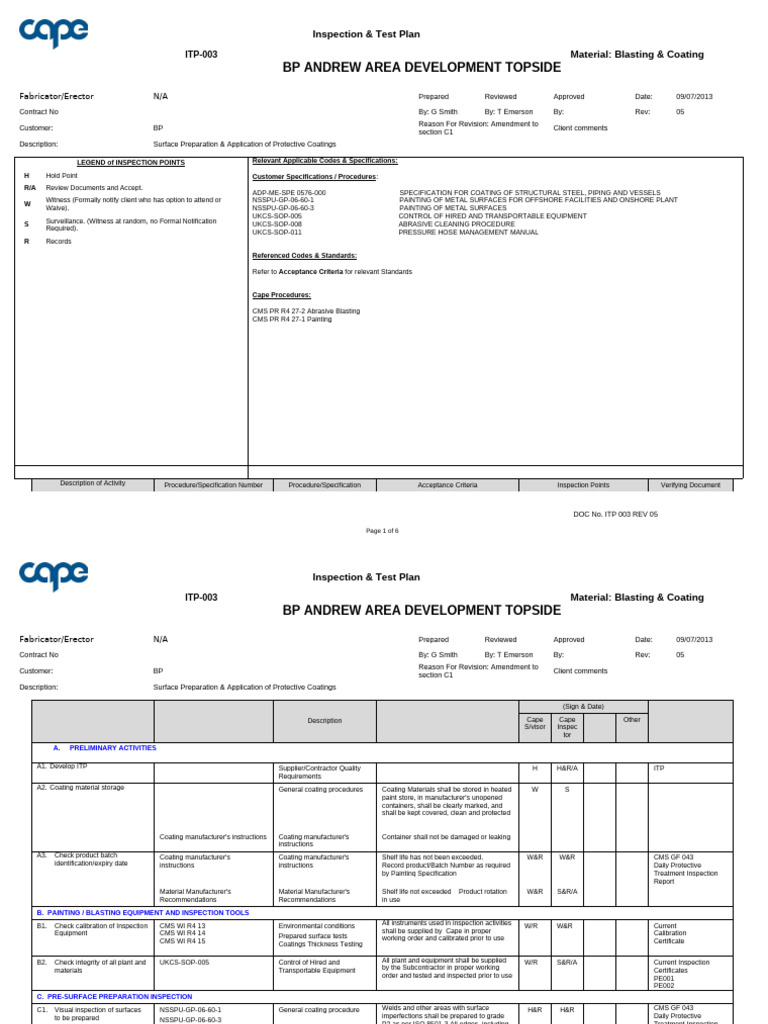 Blasting and Coating ITP | PDF | Specification (Technical Standard) | Paint