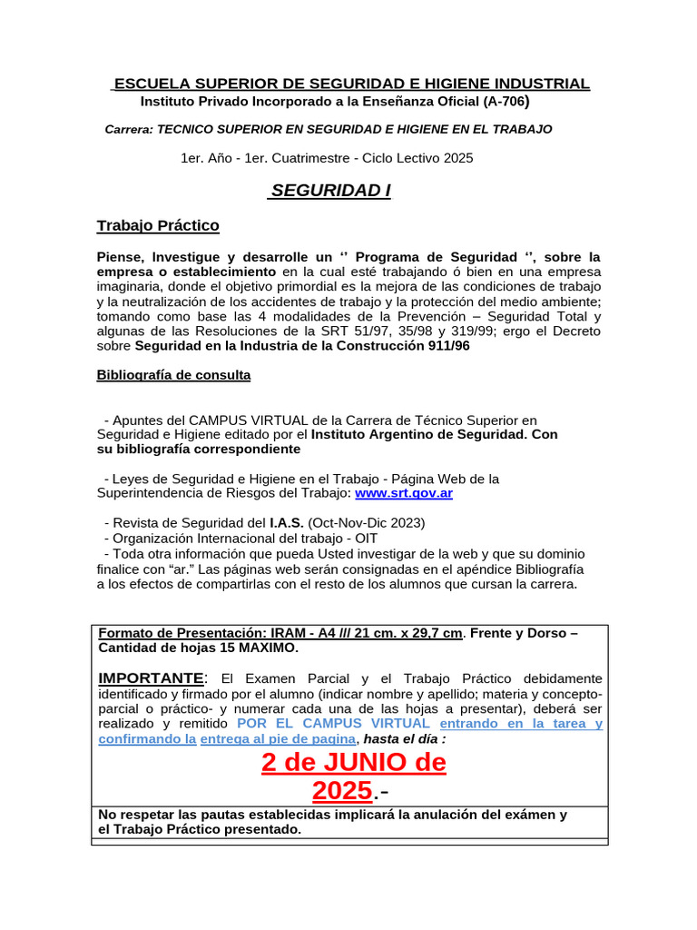 SEGURIDAD I - TRABAJO PRACTICO - 2025 - REGIMEN ESPECIAL - 1er. Cuatrimestre | PDF