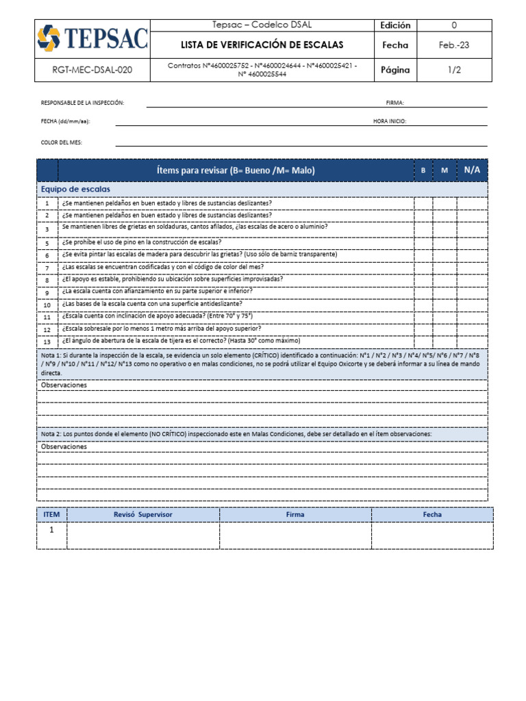 RGT-MEC-DSAL-020.Lista de verificación Escalas.Ed.0 | PDF