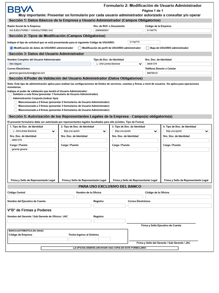 Formulario 2 - Modificación de Usuario Administrador | PDF | Usuario (informática) | Informática