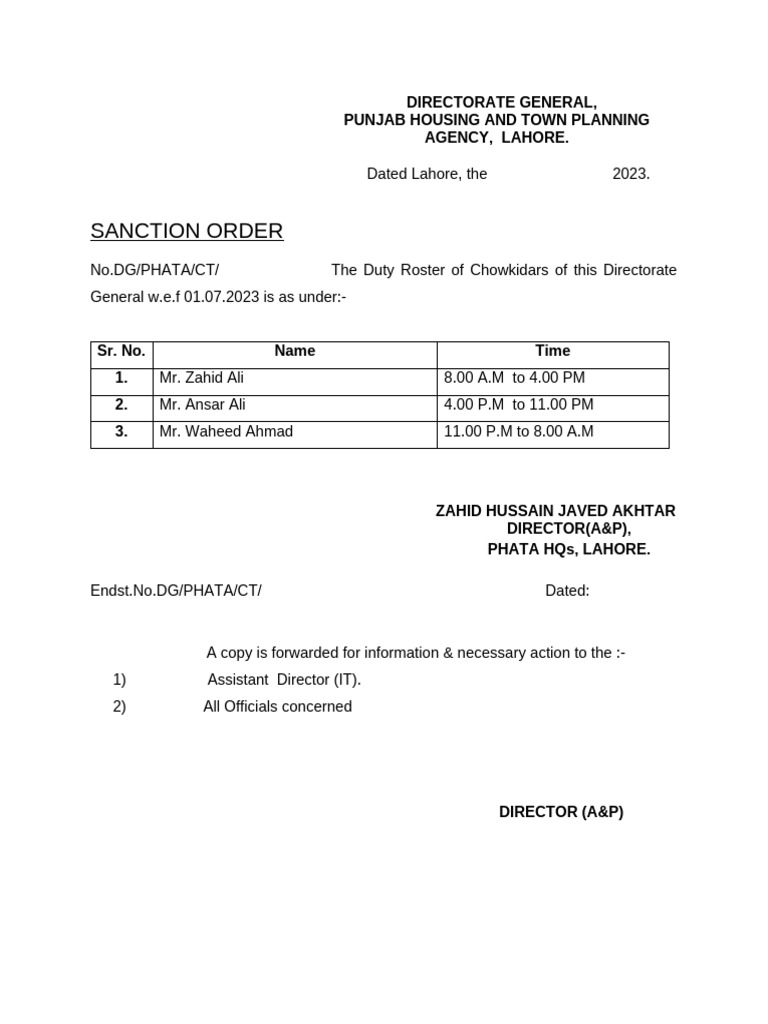 Chowkidar Duty Roster for PHATA | PDF