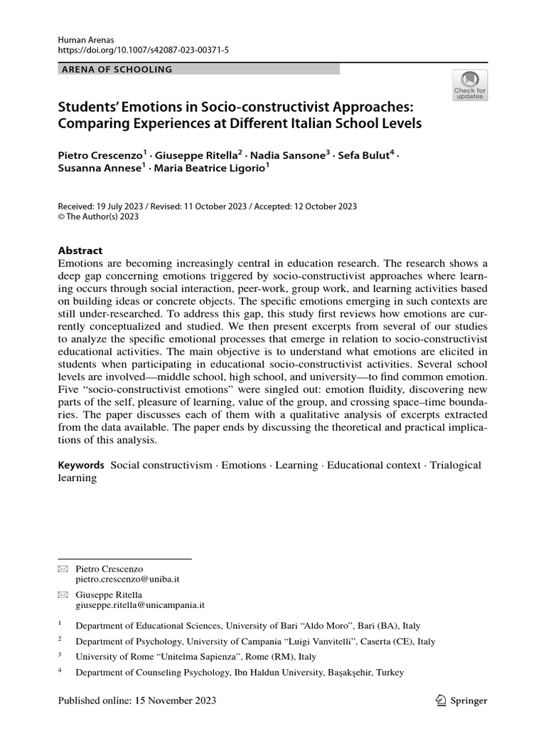 Students Emotions in Socio-Constructivist Approaches Comparing Experiences at Different Italian ...