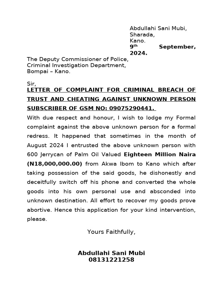 Complaint of Fraudulent Goods Theft | PDF