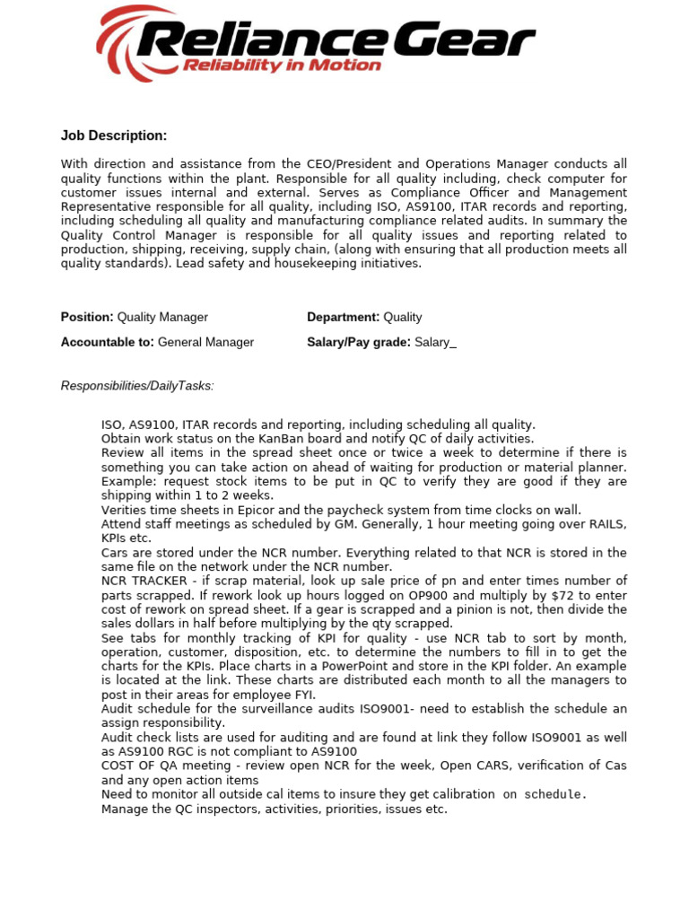 F-622-003 Job Description Form - Quality Manager | PDF | Audit | Business