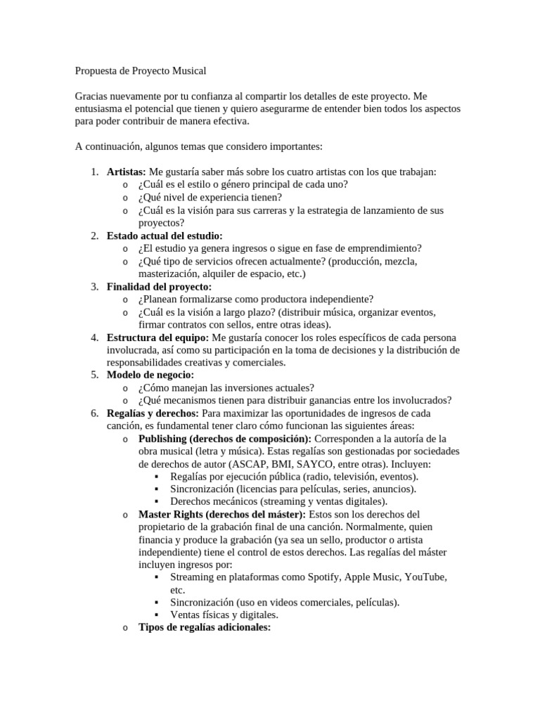 Propuesta para Proyecto Musical Integral | PDF | Pago de regalías ...
