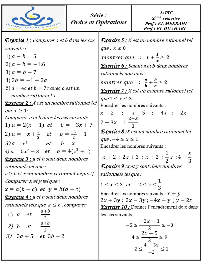 Exercices sur Ordre et Opérations 2AC | PDF | Mathématiques