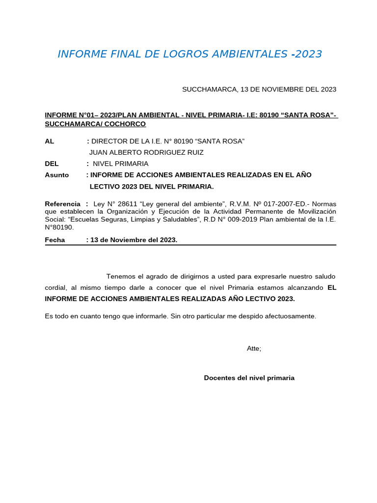 INFORME DE LOGROS AMBIENTALES 2023 Primaria (Autoguardado) | PDF | Reciclaje | Residuos