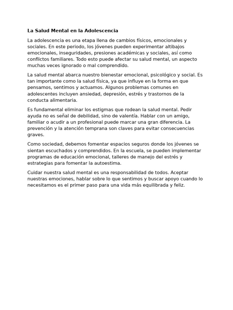 La Salud Mental en La Adolescencia | PDF