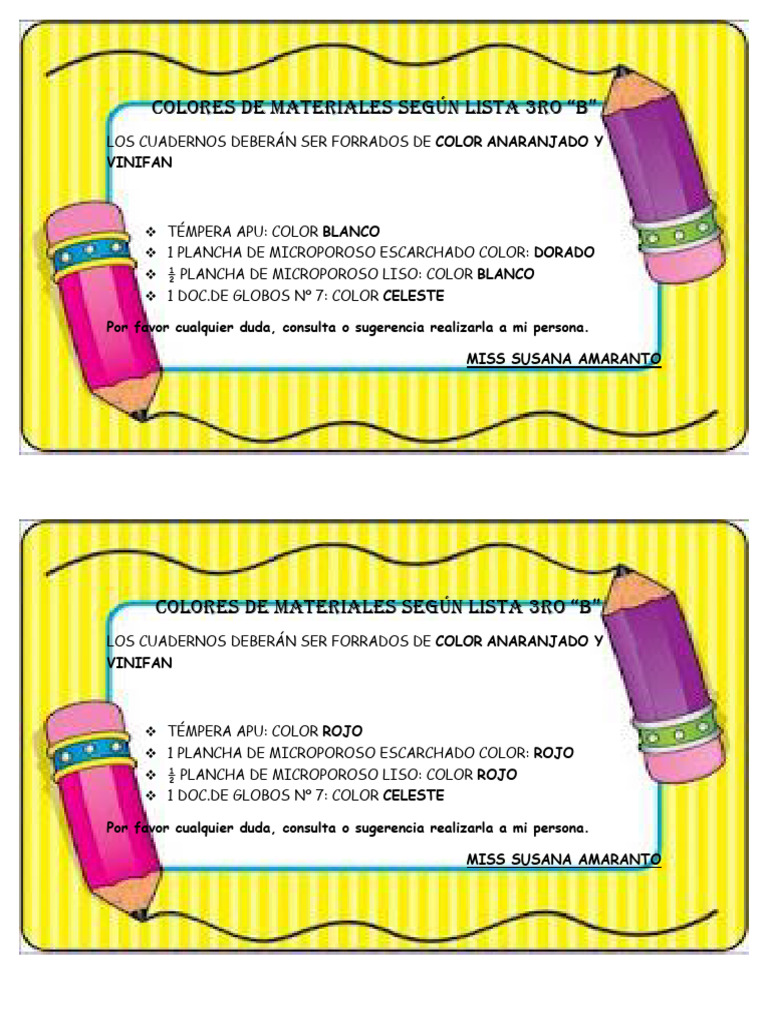 Colores de Materiales Según Lista 3ro 2025 | PDF | Arco iris | Color