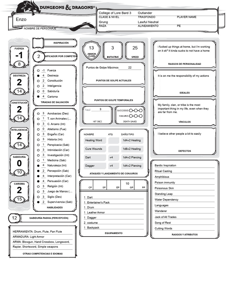 Grung Bard Character Sheet | PDF