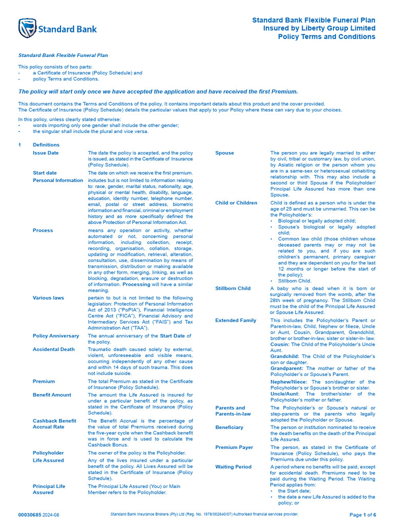 Standard Bank Flexible Funeral Plan Terms | PDF | Insurance | Credit Card