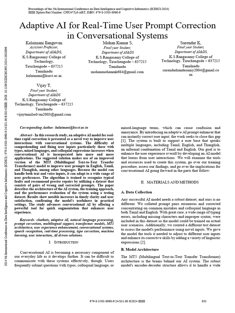 Adaptive AI For Real-Time User Prompt Correction in Conversational ...