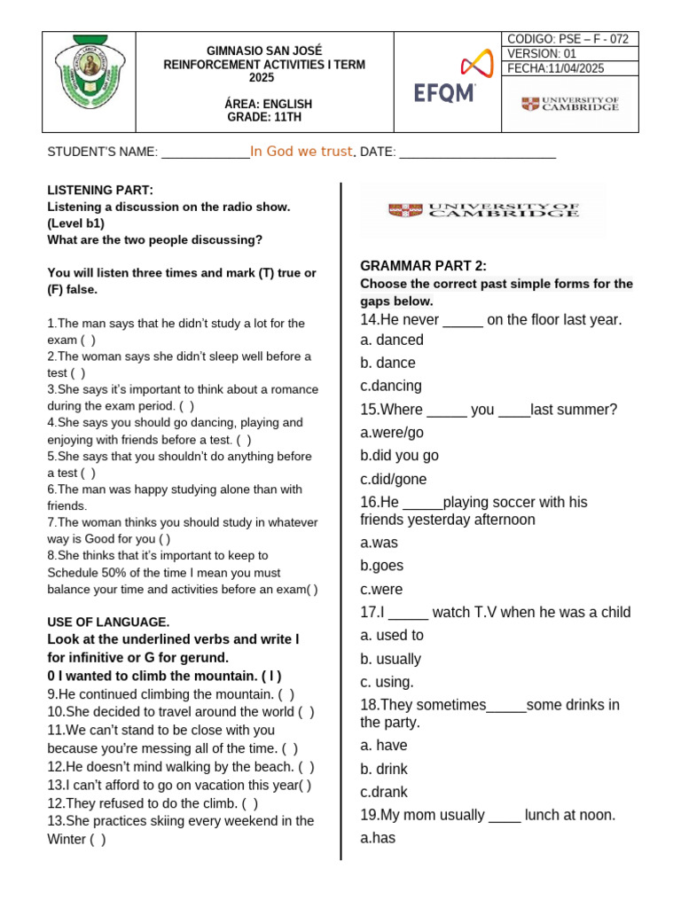 English Reinforcement Activities 11TH Grade I Term by Billy Colombo ...