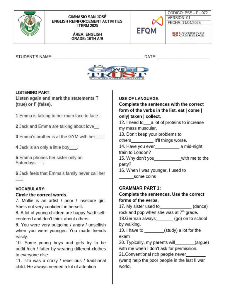 English Reinforcement Activities 10TH Grade April 9TH 2025 by Billy ...