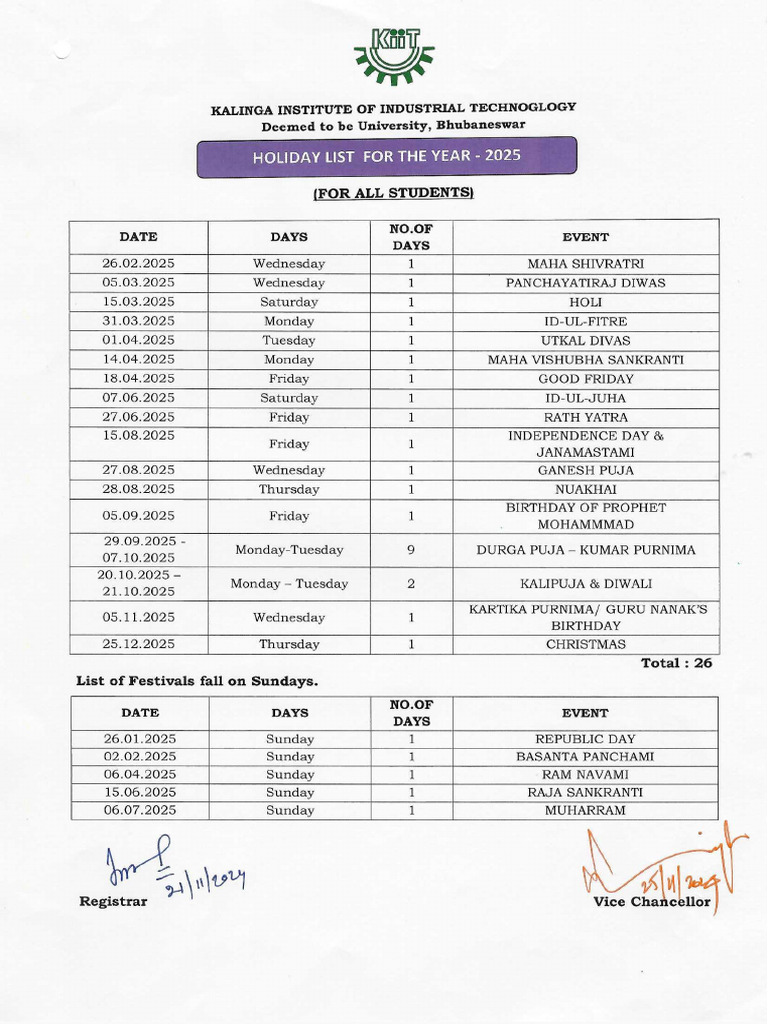 Holiday List 2025 (Students) - Annexure-1 | PDF