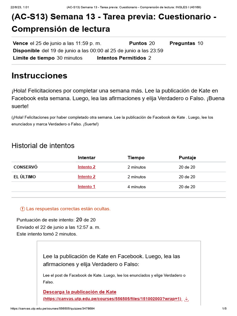 (AC-S13) Semana 13 - Tarea Previa - Cuestionario - Comprensión de Lectura - INGLES I (40169) | PDF