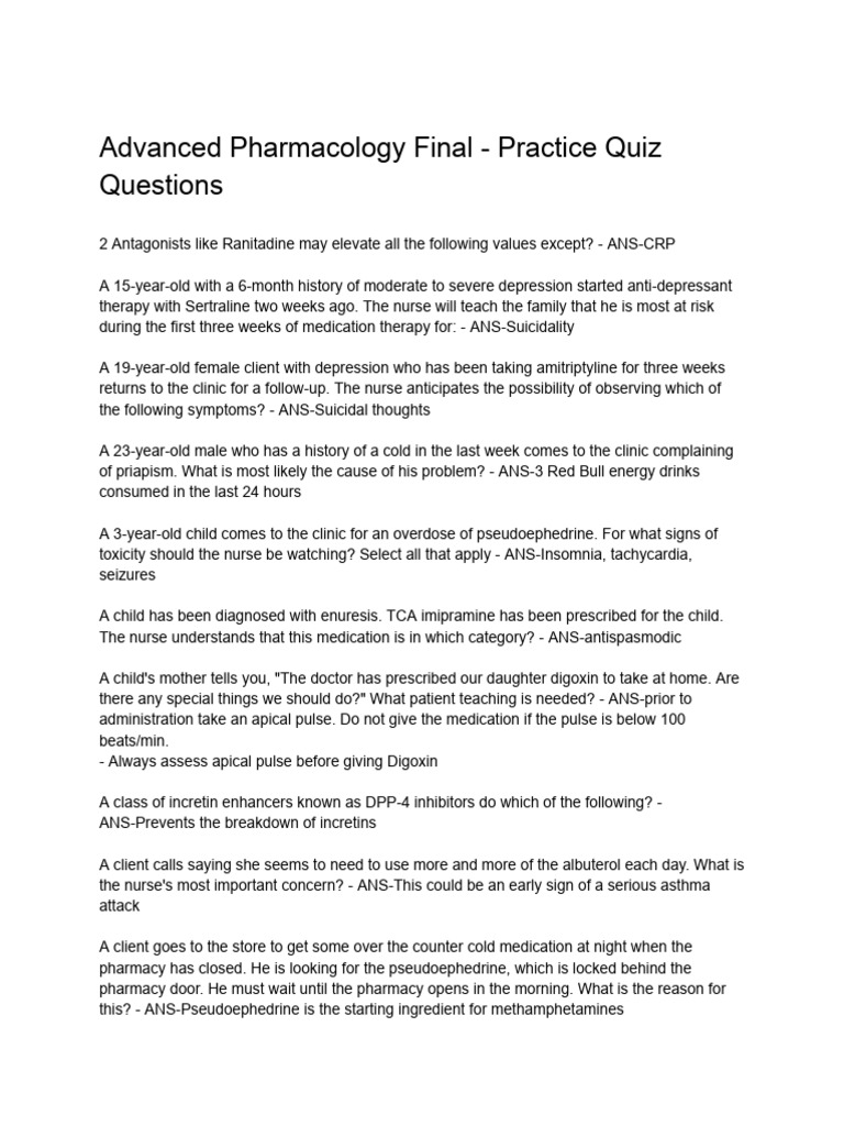Advanced Pharmacology Final - Practice Quiz Questions | PDF | Diabetes ...