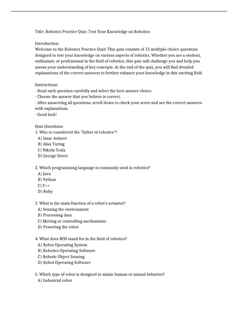 BUSINESS 153 Robotics Practice Quiz Test Your Knowledge On Robo | PDF ...