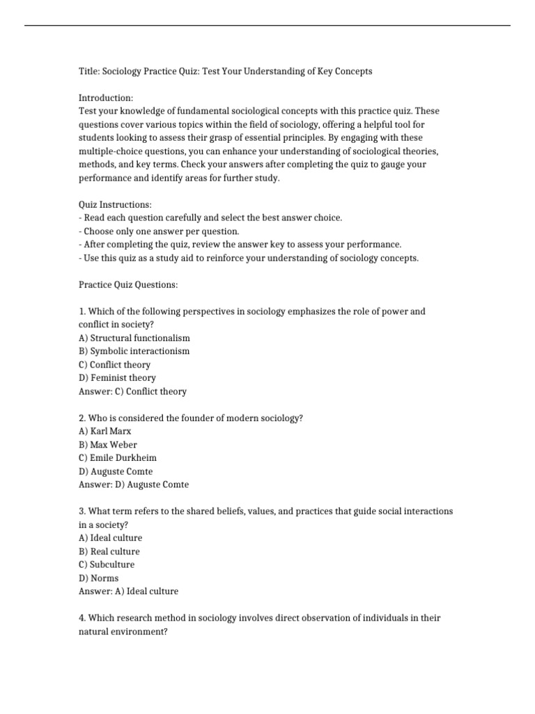 Sociology Quiz: Key Concepts Review | PDF | Sociology | Society