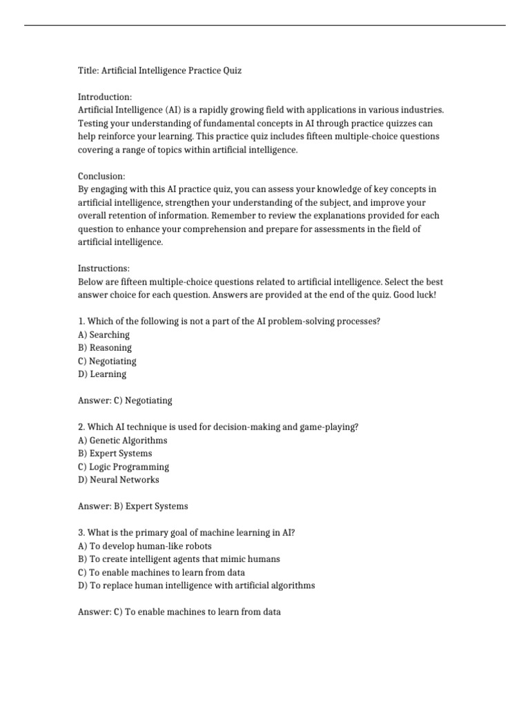 BUSINESS 153 Artificial Intelligence Practice Quiz | PDF | Artificial ...