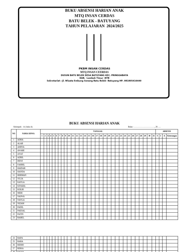 Panduan Buku Absen Anak MTQ | PDF