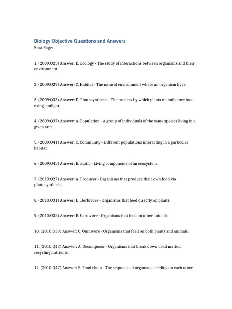 Biology Objective Questions and Answers | PDF | Ecosystem | Foods