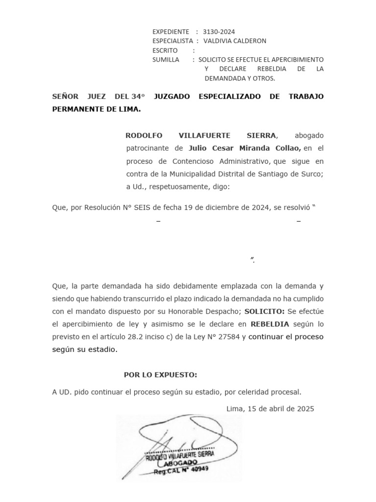 Apercibimiento y Rebeldia Miranda Collao | PDF