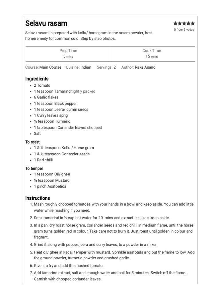 Selavu Rasam - Raks Kitchen | PDF