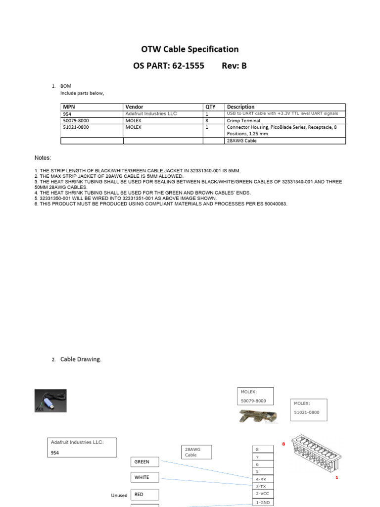 OTW Cable Specification OS PART: 62-1555 Rev: B: MPN Vendor QTY Description | PDF