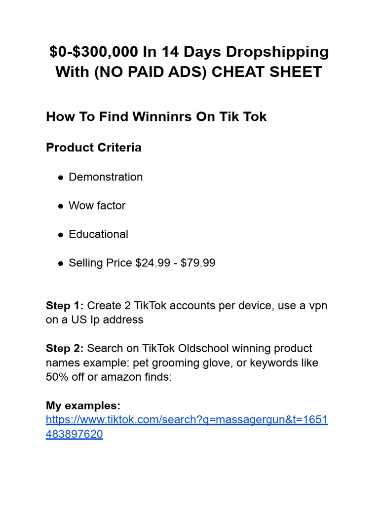 $0-$300,000 In 14 Days Dropshipping With (NO PAID ADS) CHEAT SHEET | PDF | E Commerce | Computer ...