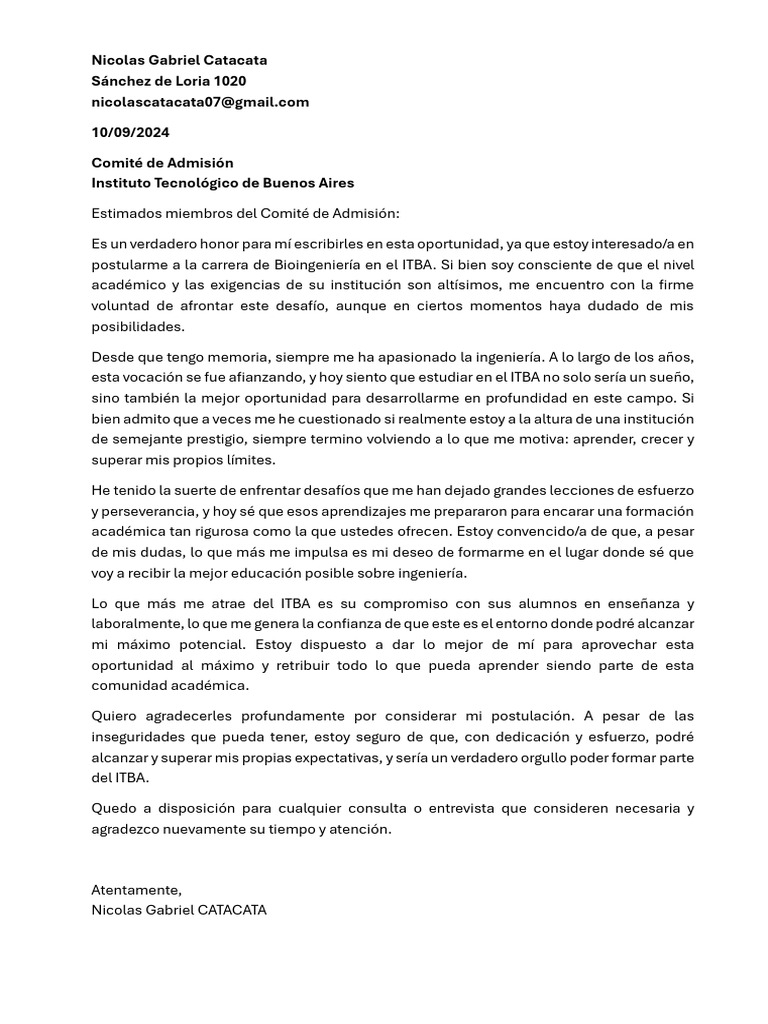 Solicitud de Admisión a Bioingeniería ITBA | PDF