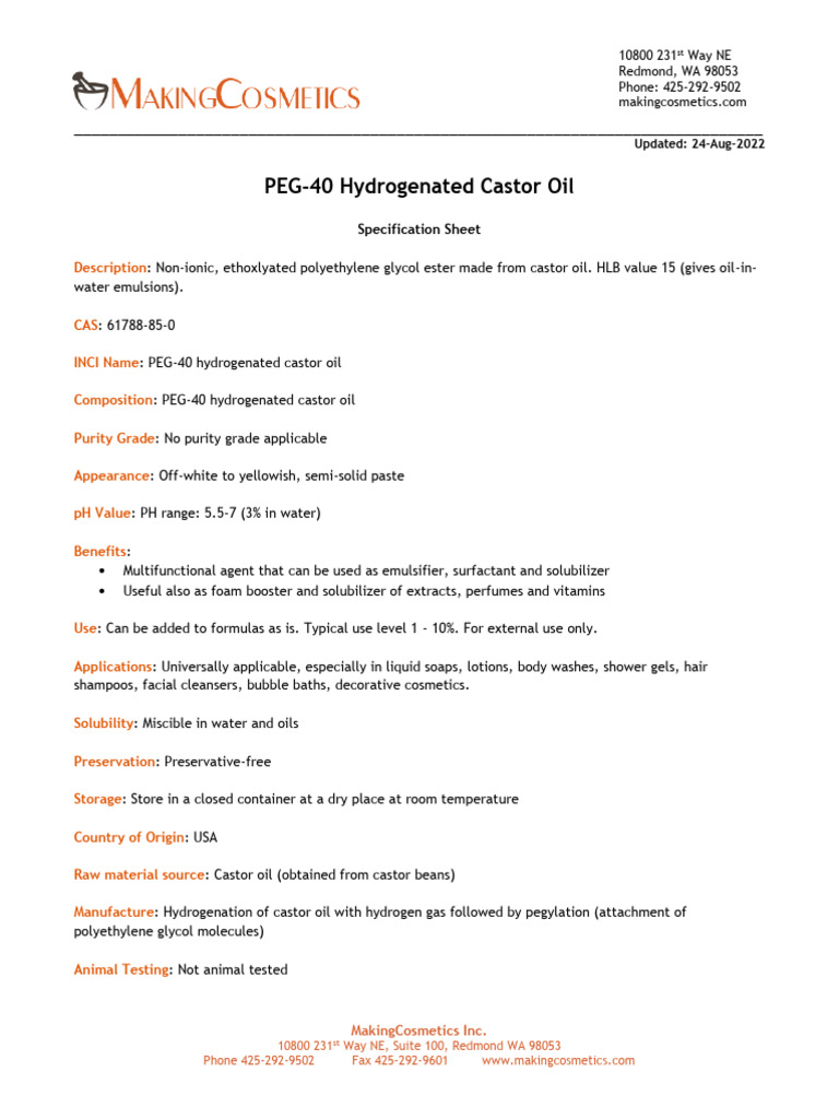 PEG-40 Hydrogenated Castor Oil Overview | PDF | Polyethylene Glycol ...