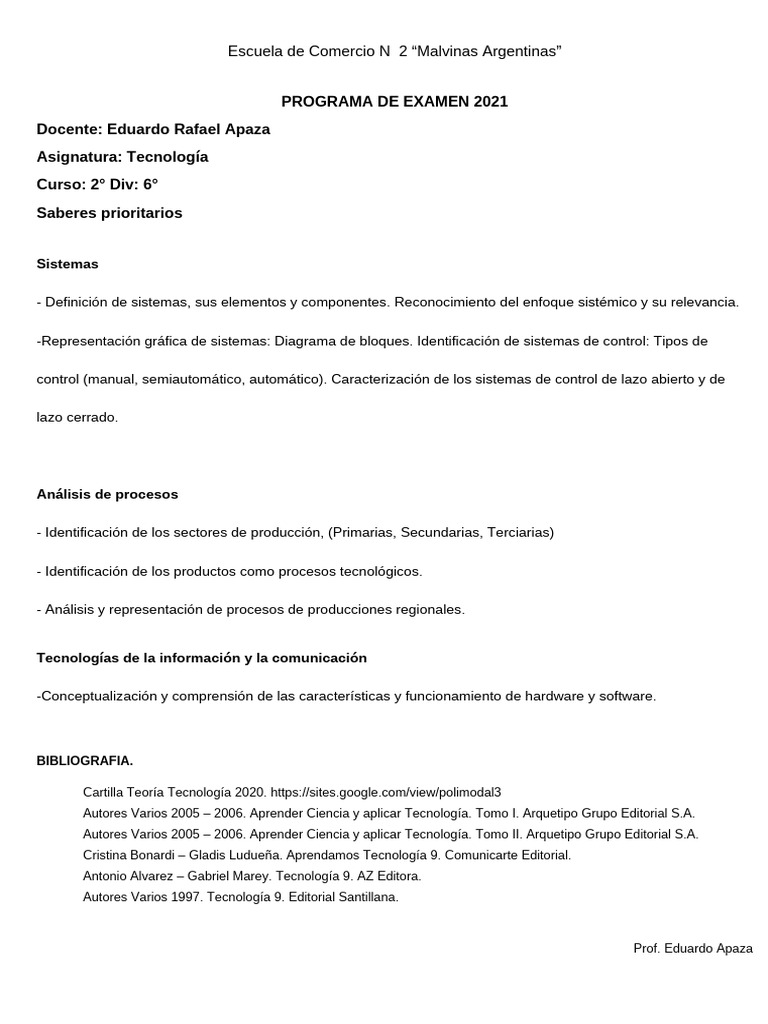 PROGRAMA DE EXAMEN 2021 2° Año | PDF | Sistema de control | Ingeniería ...